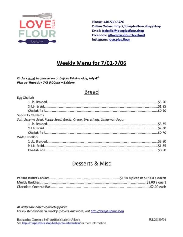 Love Plus Flour Weekly Menu for 7/1
